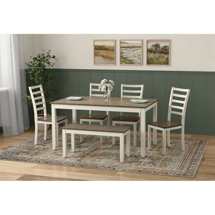 6PC SET - DINING TABLE, 4 SIDE CHAIRS & BENCH