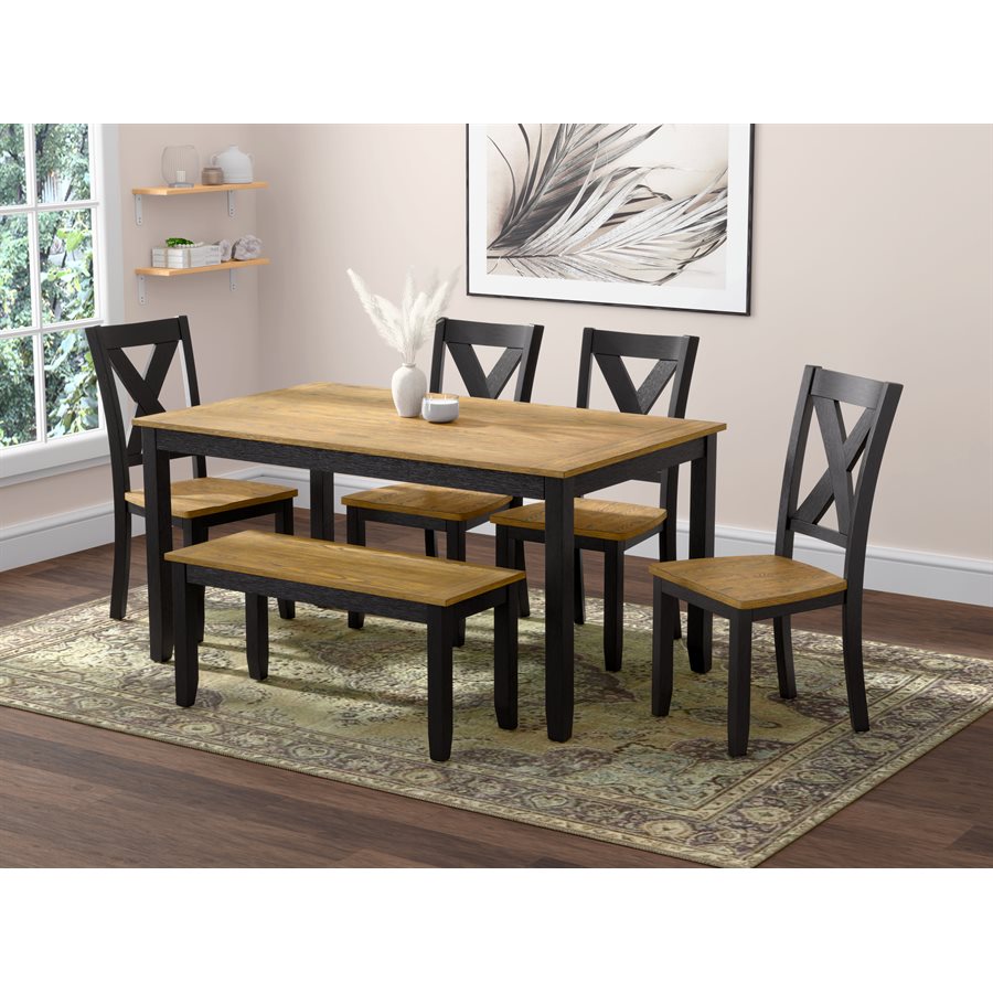 6PC SET - DINING TABLE, 4 SIDE CHAIRS & BENCH
