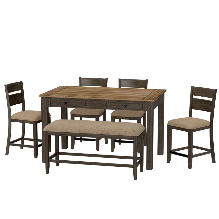 6PC SET - GATHERING TABLE W / 4 CHAIRS & BENCH, BROWN